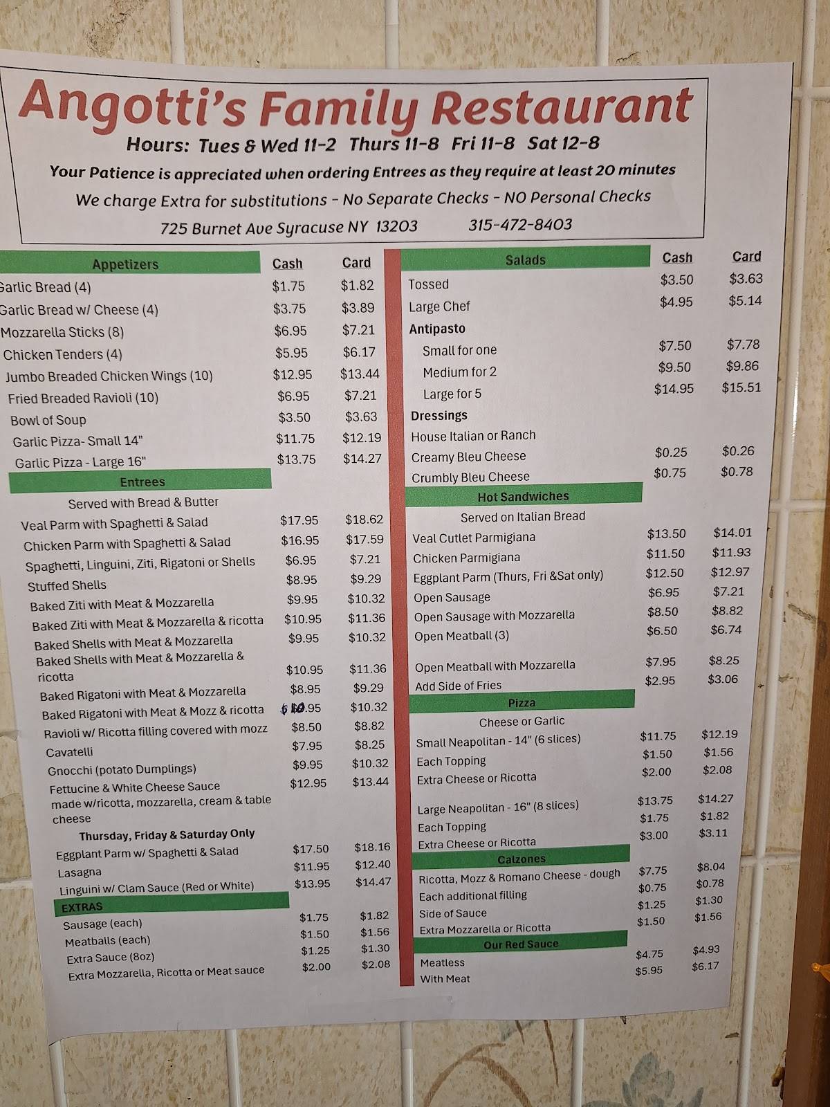 Menu at Angotti's Family Restaurant, Syracuse