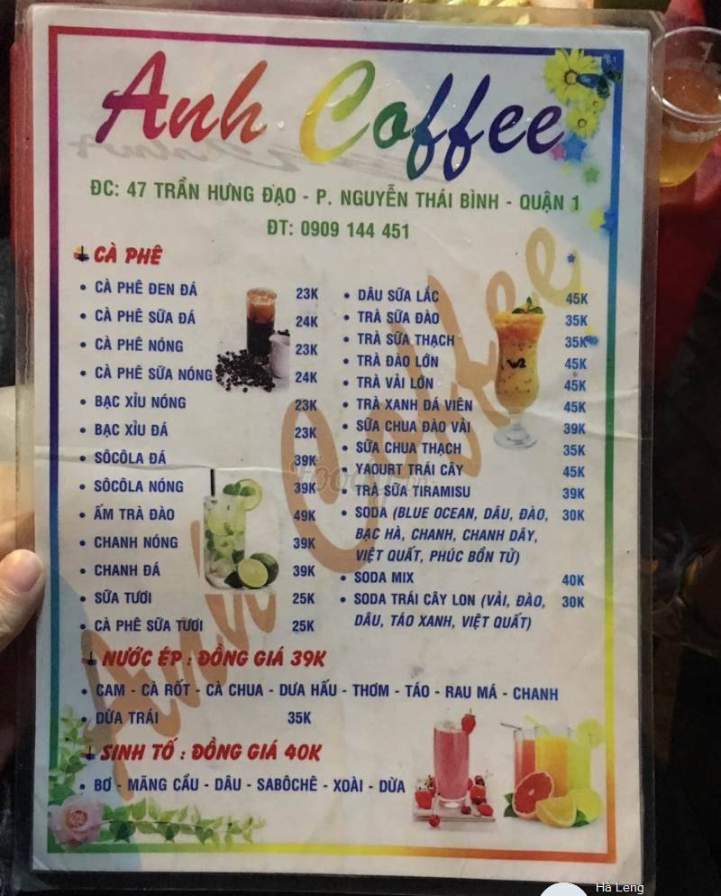 Menu at Anh Coffee cafe, Ho Chi Minh City, 47 Đ. Trần Hưng Đạo