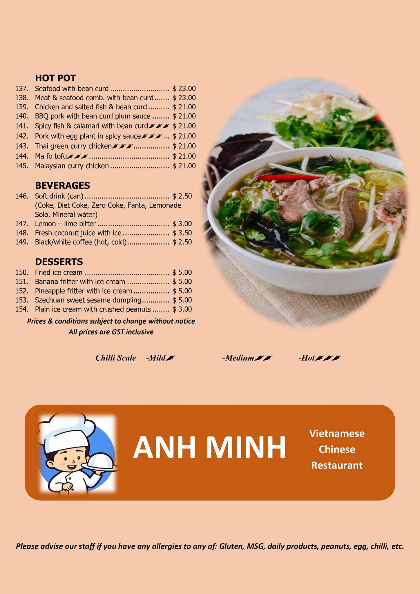 Menu at Anh Minh restaurant, Brunswick East