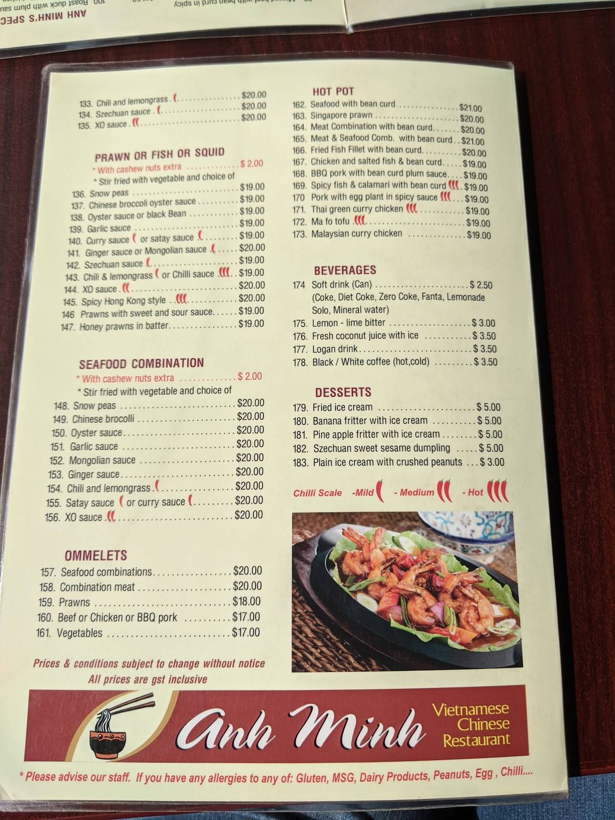 Menu at Anh Minh restaurant, Brunswick East
