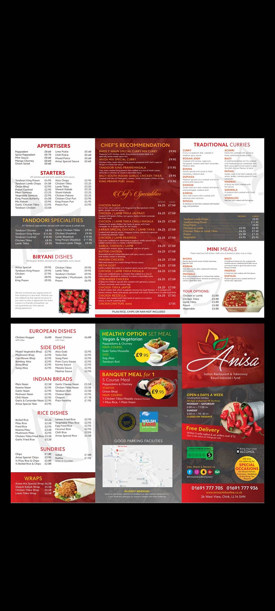 Menu at Anisa Indian Restaurant/Takeaway, Chirk