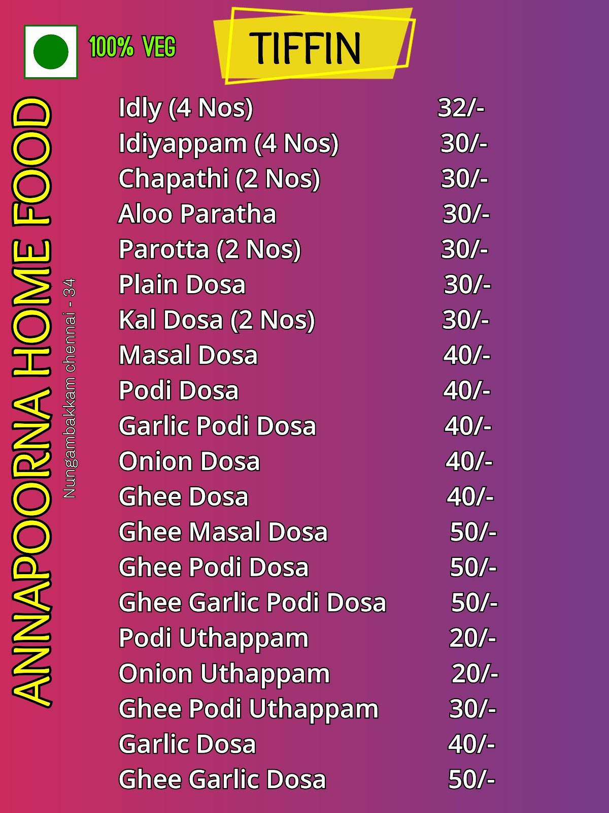 Menu at Annapoorna Home Foods, Chennai