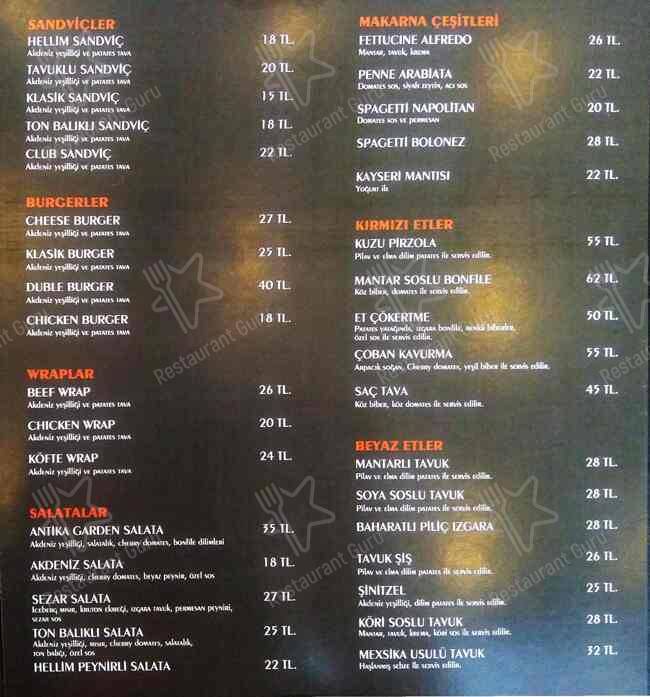 Menu at Antika Cafe, Istanbul, Ambarlıdere Yolu