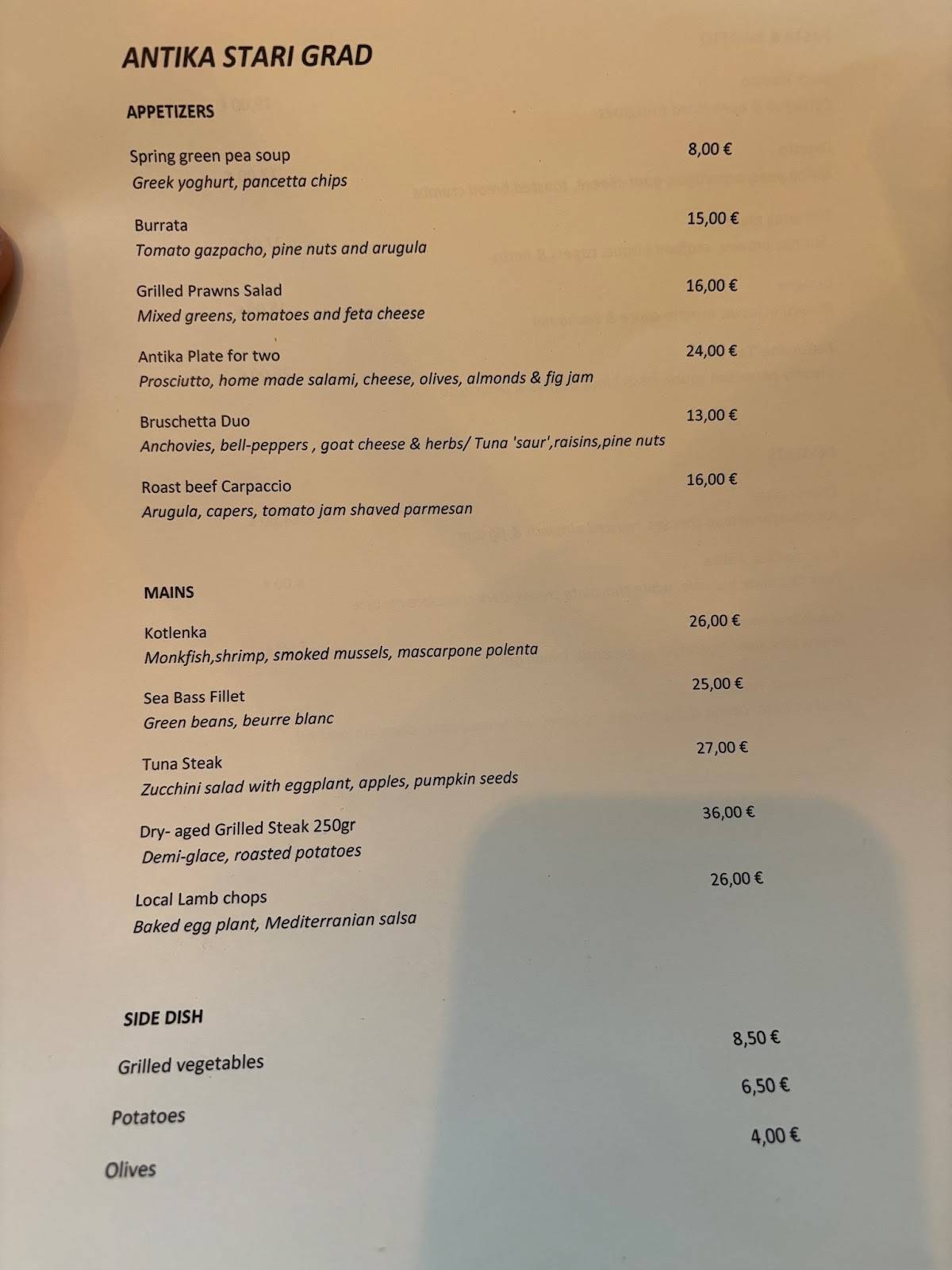 Menu at Antika restaurant, Stari Grad