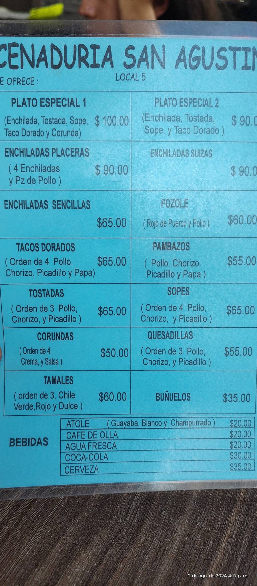 Carta del restaurante Antojitos Mexicanos De San Agustin, Morelia