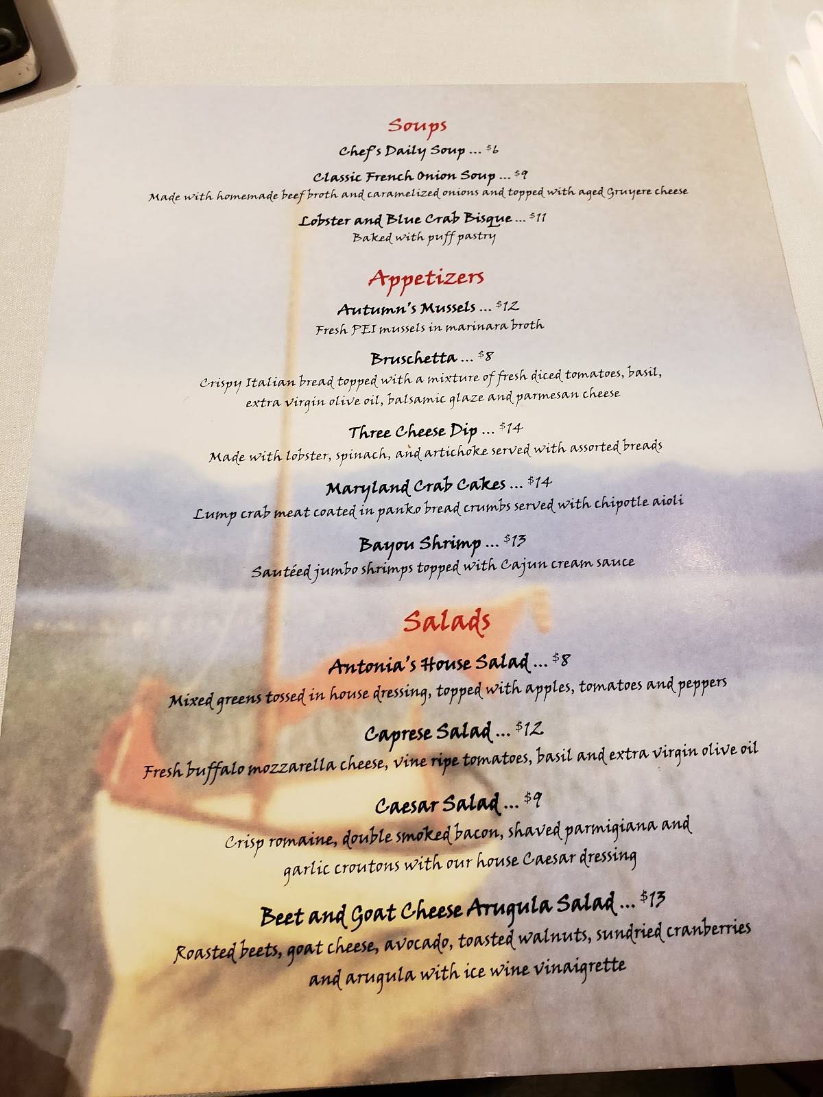 Menu at Antonia's Bistro restaurant, Campbellford