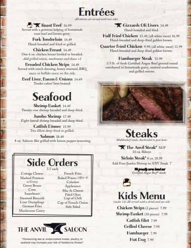 Menu at Anvil Restaurant & Saloon, Ste. Genevieve