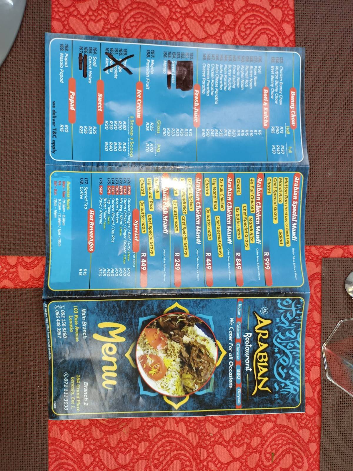 Menu au Arabian Restaurant, Lenasia