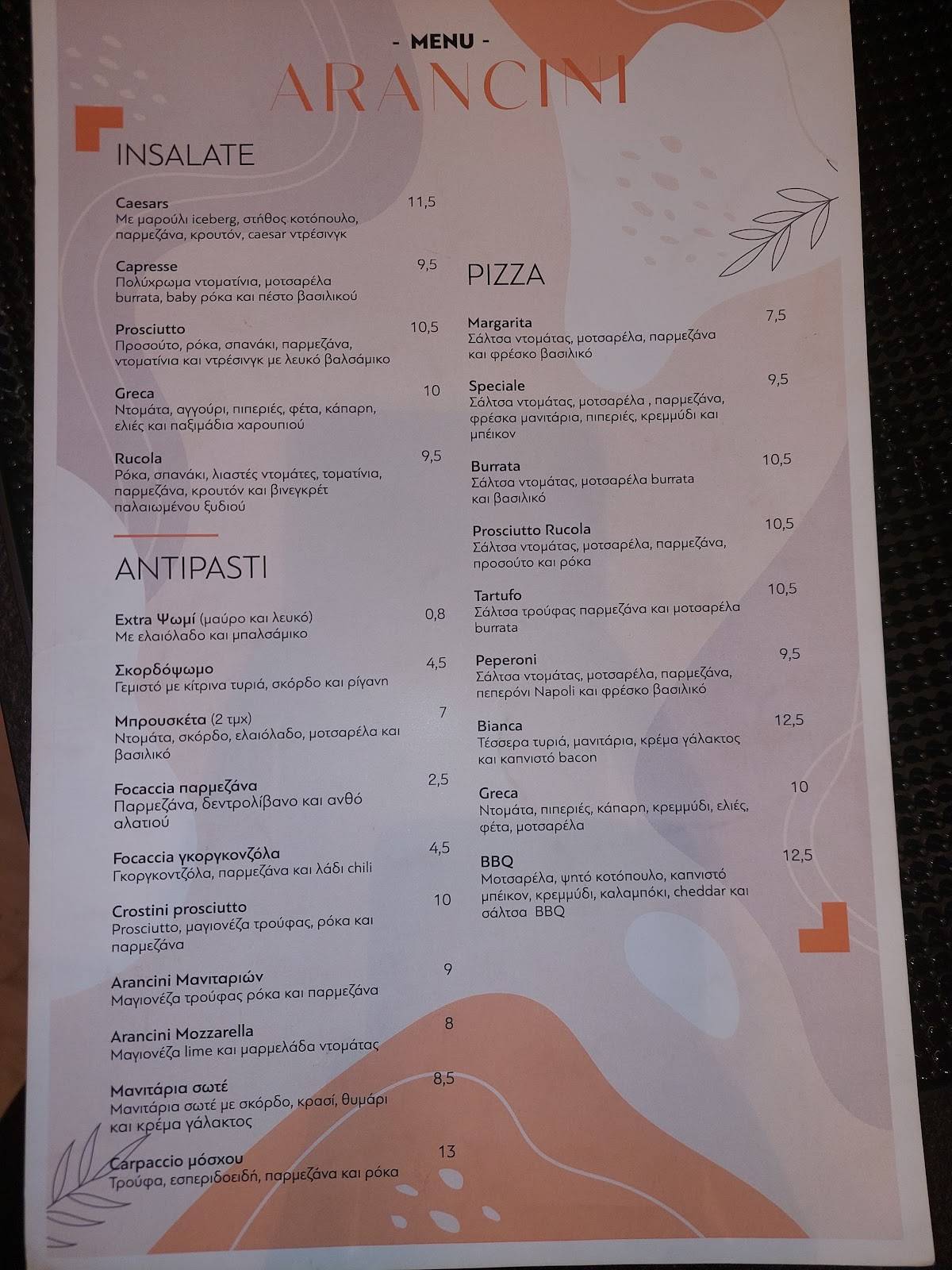 Menu at Arancini - Restaurant, Pallini