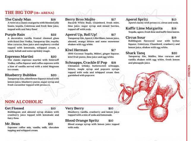 Menu at Archie Brothers Cirque Electriq, Auckland