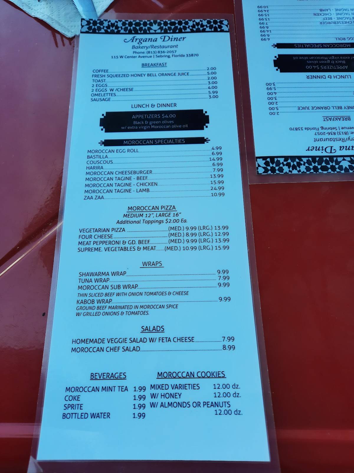 Menu at Argana Café - Where Morocco meets the Caribbean restaurant, Sebring