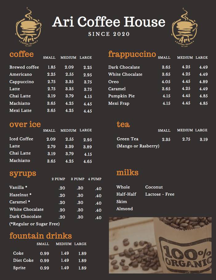 Menu at Ari Coffee House, McAllen