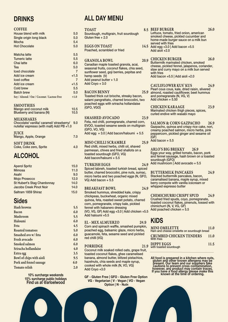 Menu at Arlo Elwood cafe, Elwood