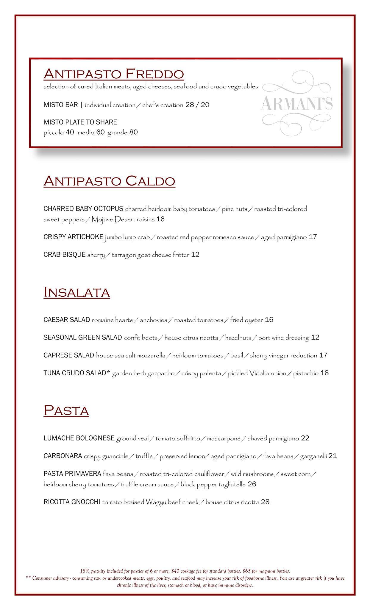 Menu at Armani's pub & bar, Tampa, Bayport Dr