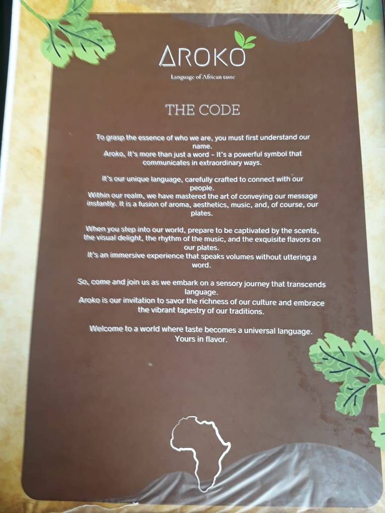 Menu at Aroko restaurant, Cape Town
