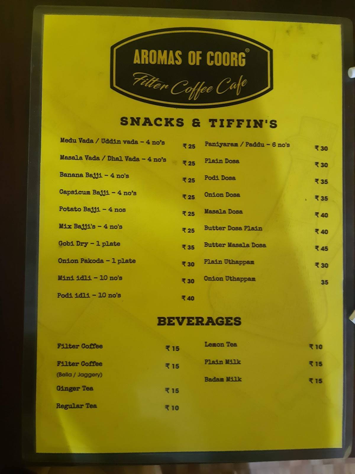 Menu at Aromas Of Coorg Filter Coffee Cafe, Bengaluru