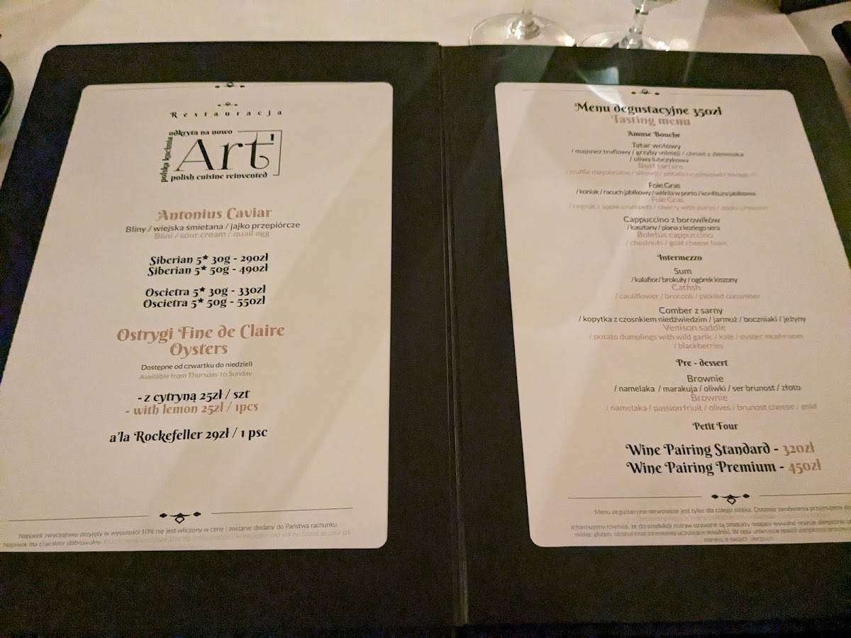 Menu at Art Restaurant, Kraków