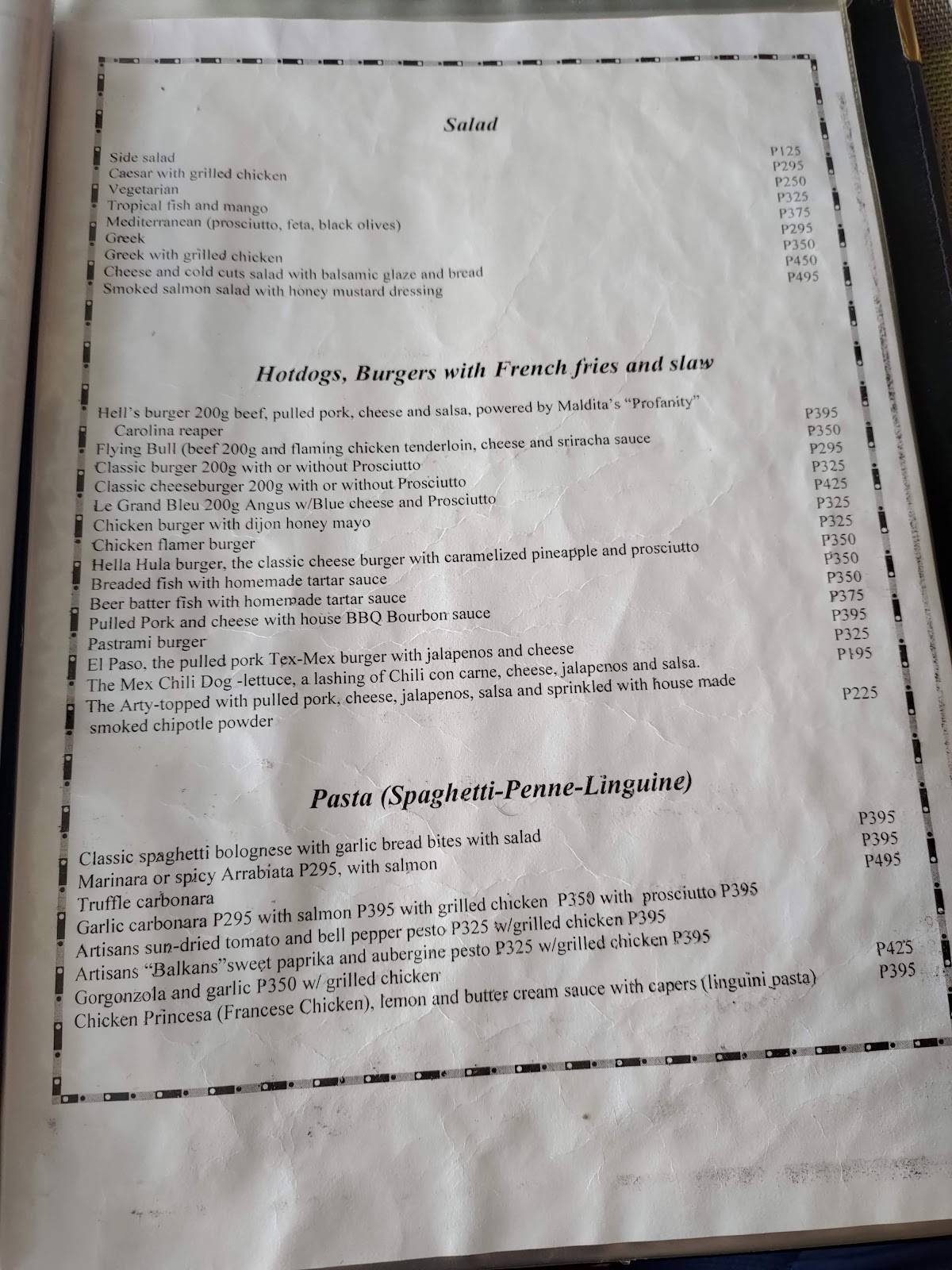 Menu at Artisans steakhouse, Puerto Princesa, Rizal Avenue