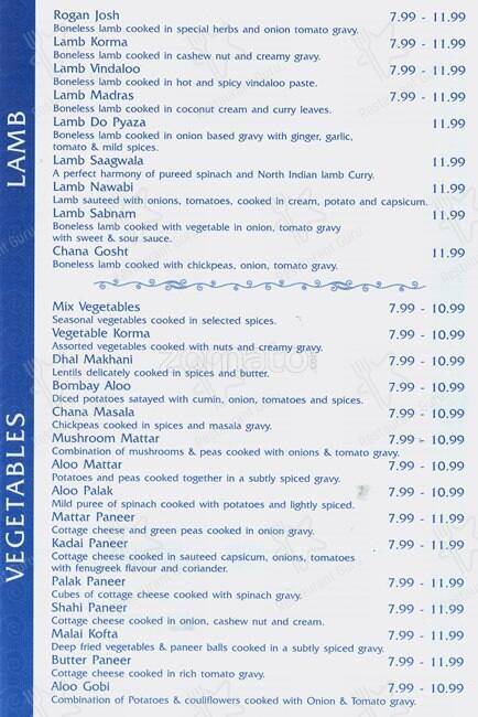 Menu at Aruna Indian Cuisine cafe, Auckland