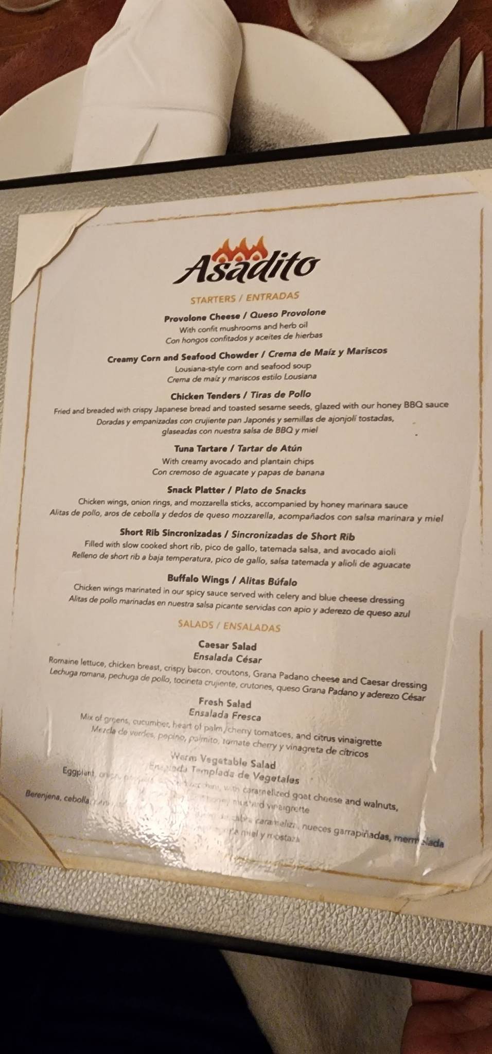 Menu at Asadito Steak House restaurant, Punta Cana