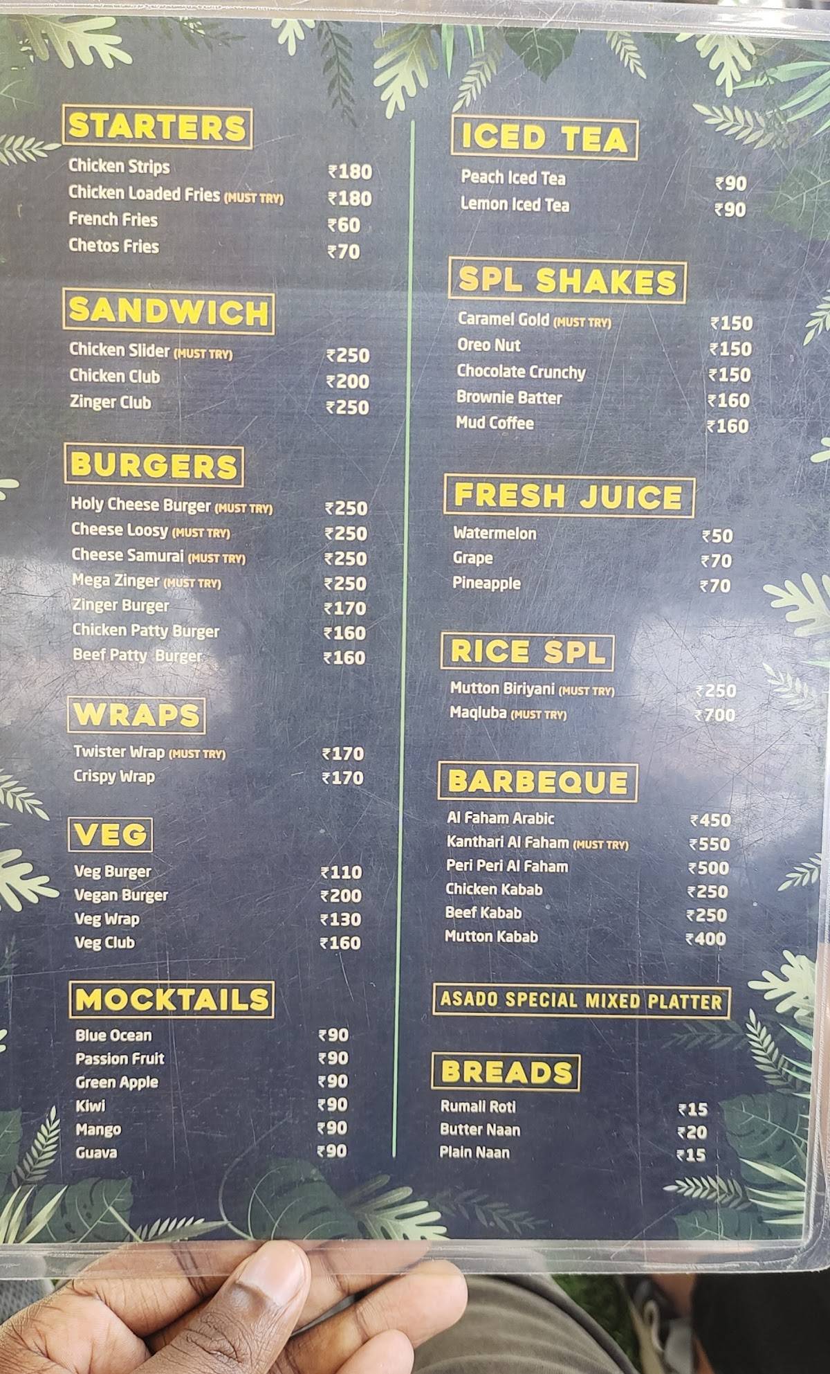 Menu at Asado Cafe, Kollam