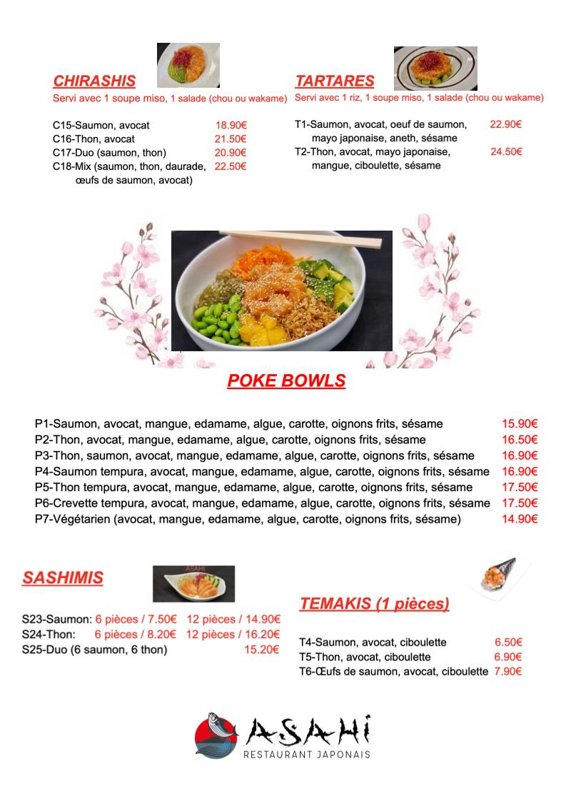 Menu au Asahi Sushi restaurant, Évian-les-Bains