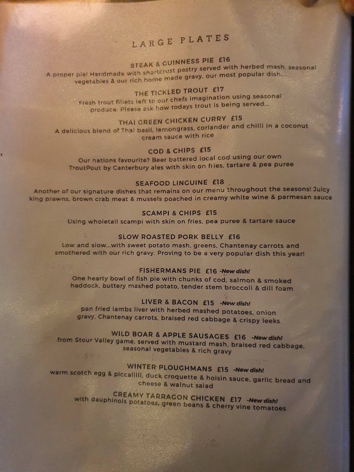 Menu at The Tickled Trout pub & bar, Ashford