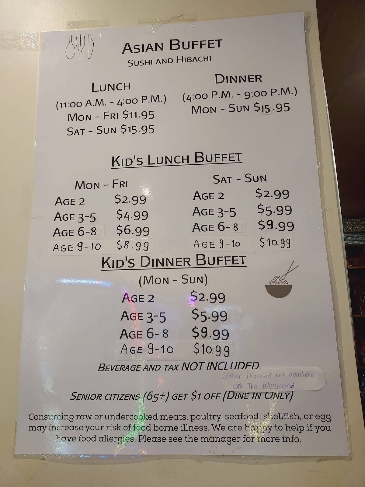 Menu at Asian Buffet restaurant, Kansas City