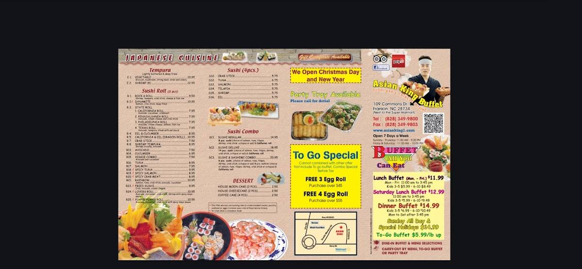 Menu at Asian King Chinese & Sushi Buffet restaurant, Franklin