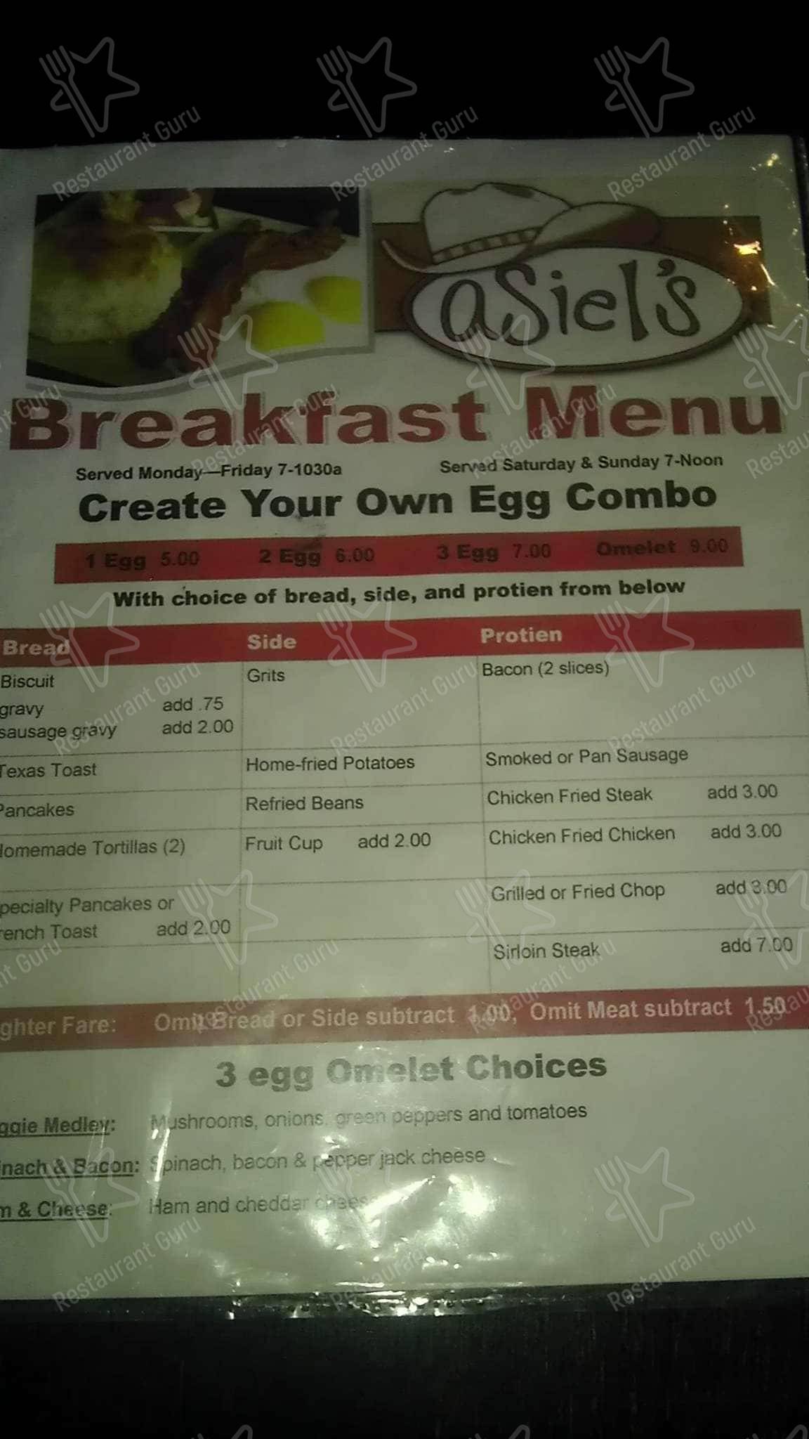 Menu at Asiel's Restaurant, Lake Jackson