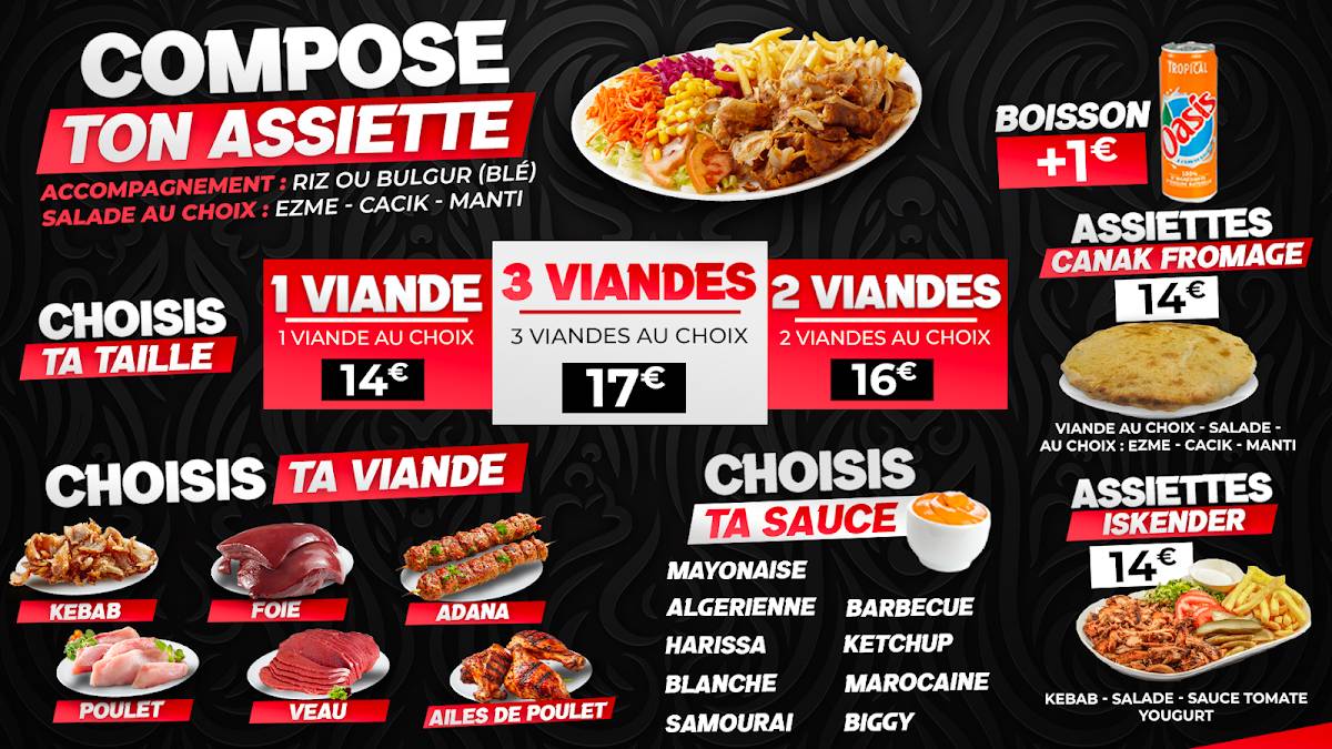 Menu au Aslan kebab restaurant, Montpellier, 82 Rue Eurydice