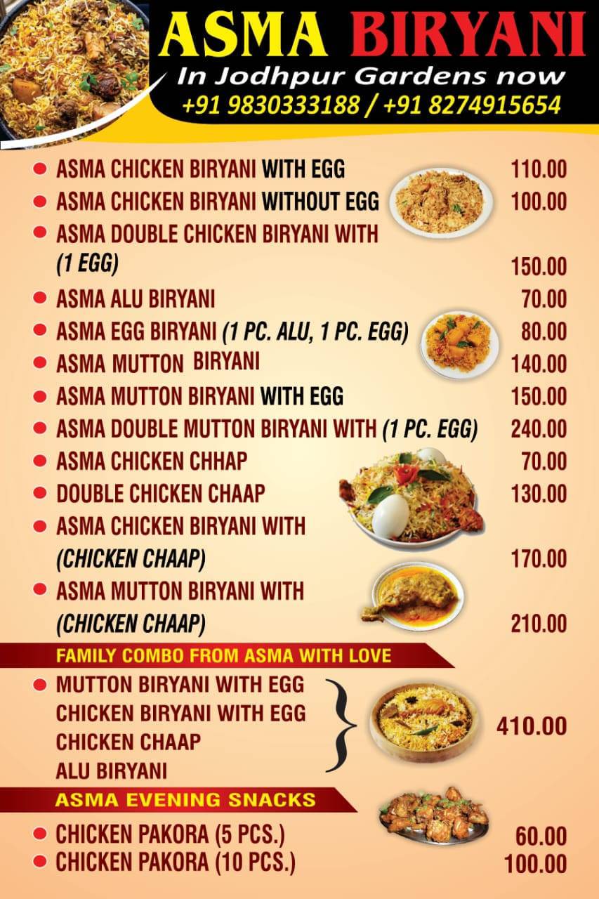 Menu at Asma Biryani, Kolkata, 301, beside A.K.Ghosh Memorial High School