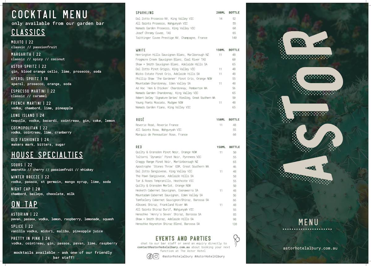 Menu at Astor Hotel Albury pub & bar, Albury