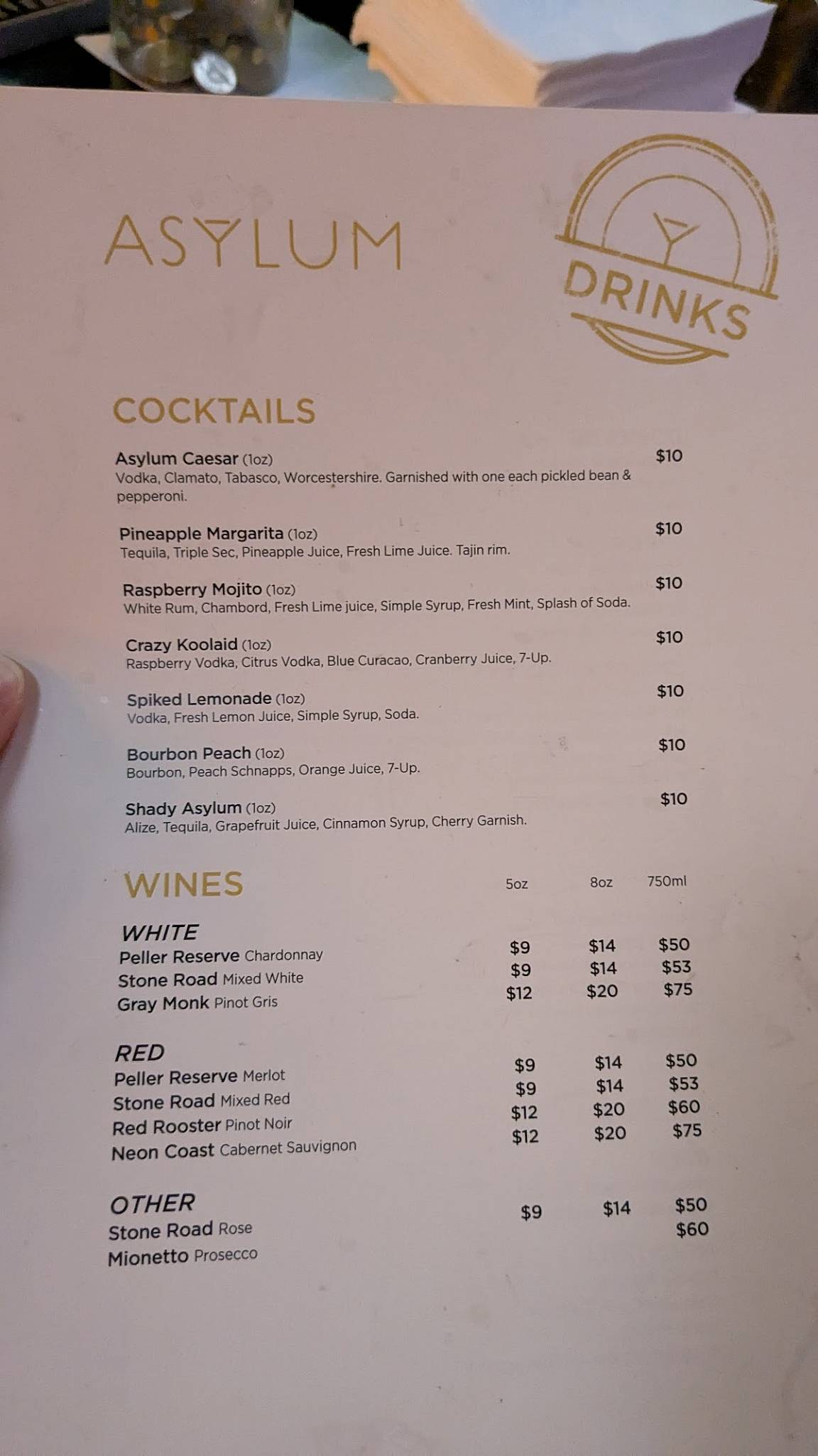 Menu at Asylum Restaurant, Coquitlam