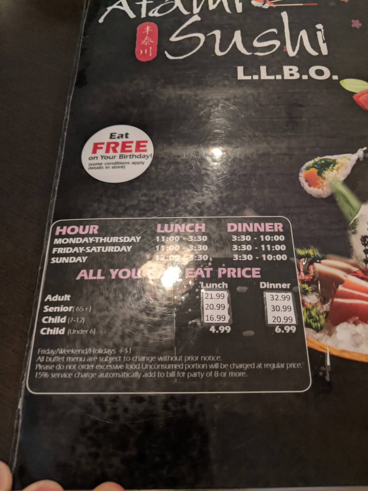 Menu at Atami Sushi restaurant, Hamilton