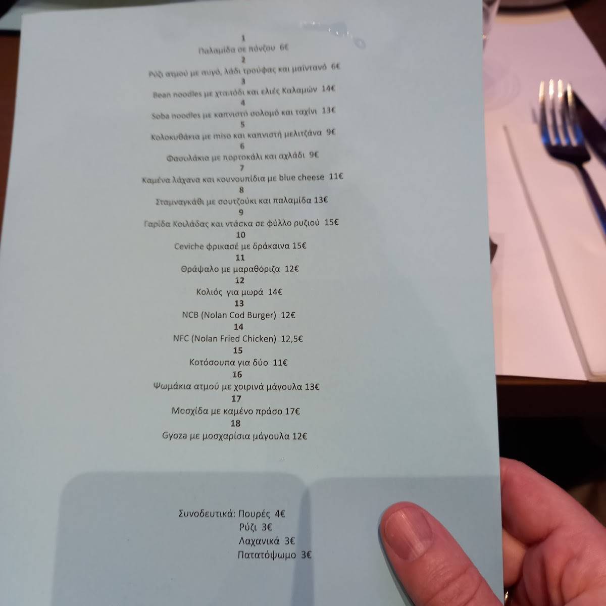 Menu at Nolan, Athens
