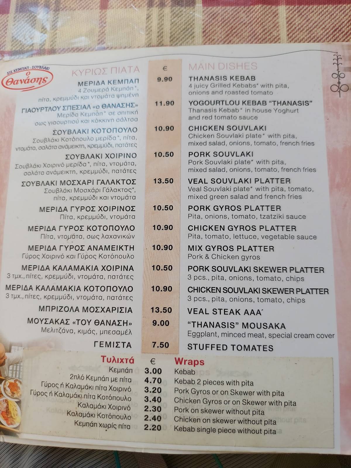 Menu at O Thanasis, Athens, Mitropoleos 69