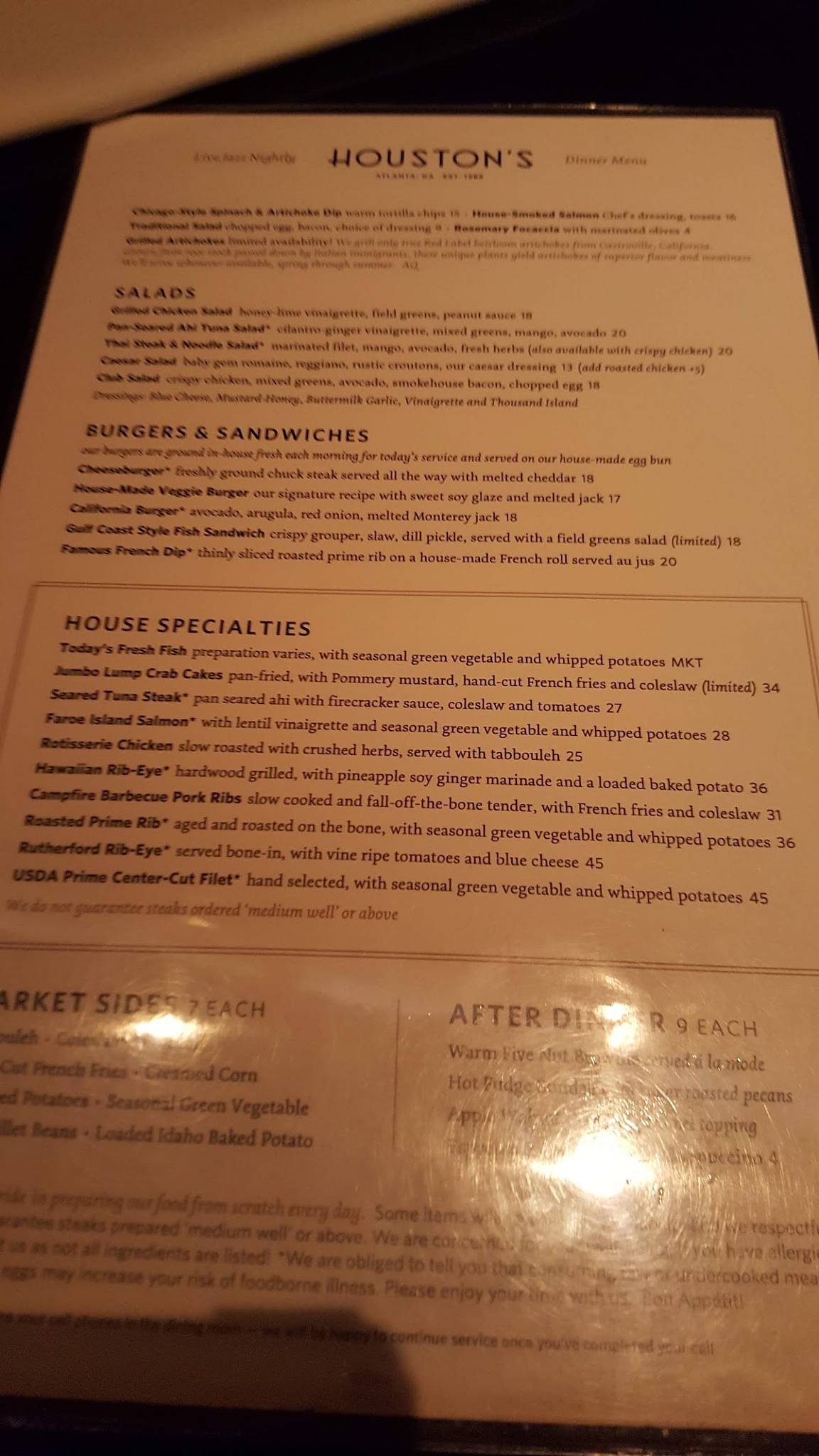 Menu at Houston's steakhouse, Atlanta, Peachtree Rd