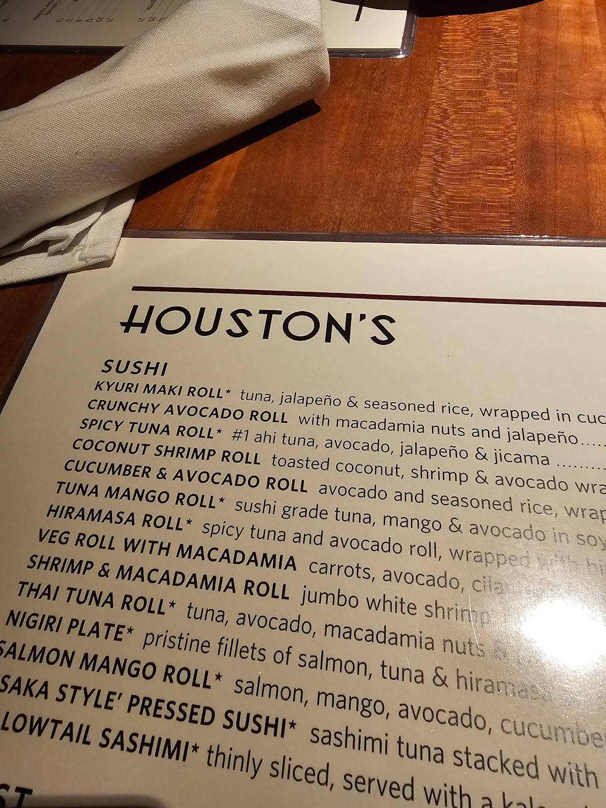 Menu at Houston's steakhouse, Atlanta, Peachtree Rd