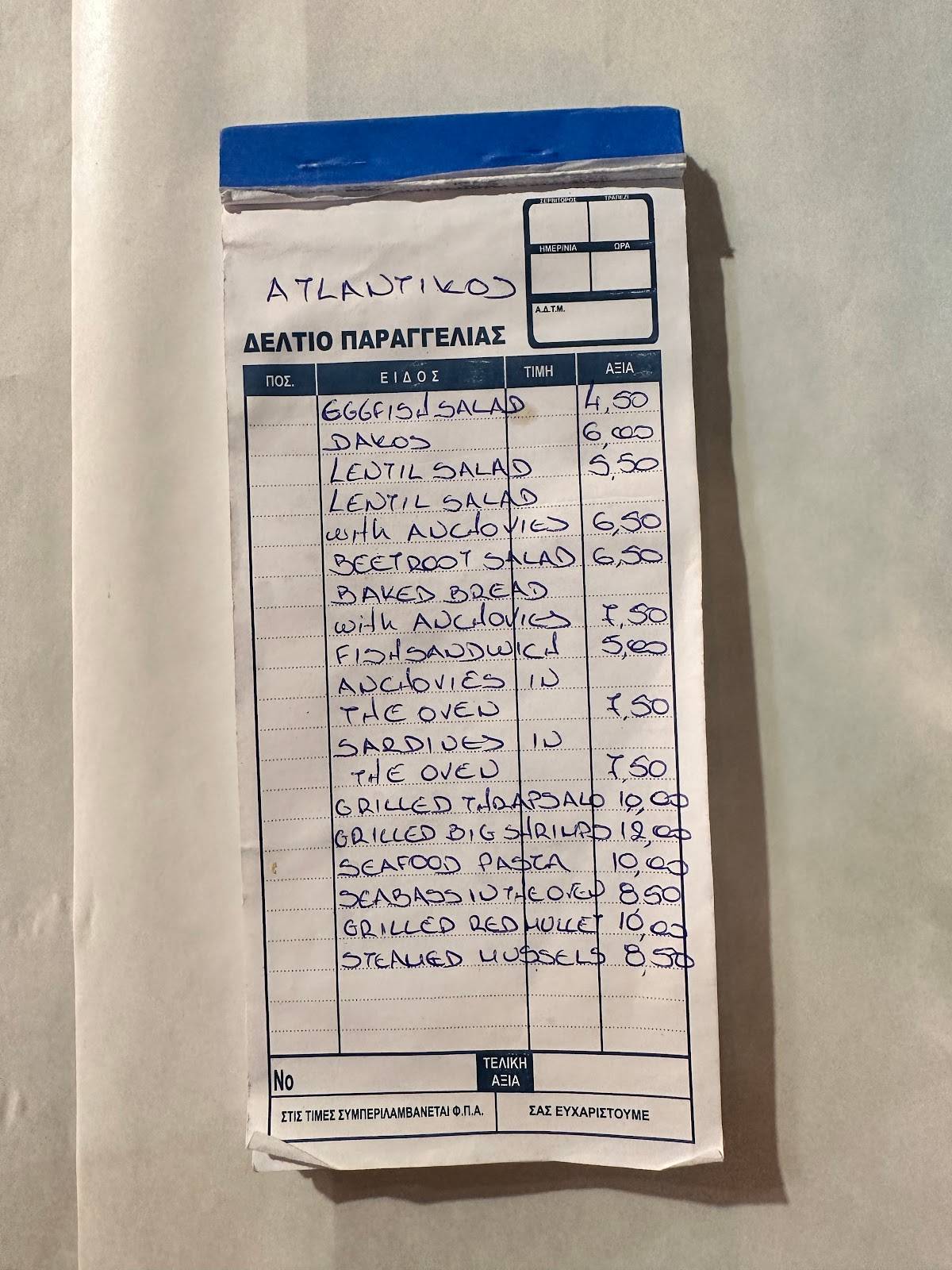 Menu at Ristorante Atlantikos, Athens