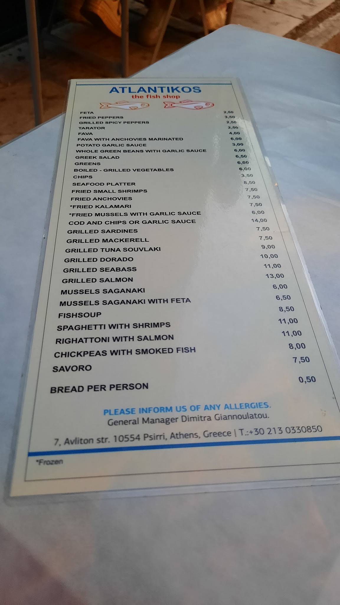Menu at Ristorante Atlantikos, Athens