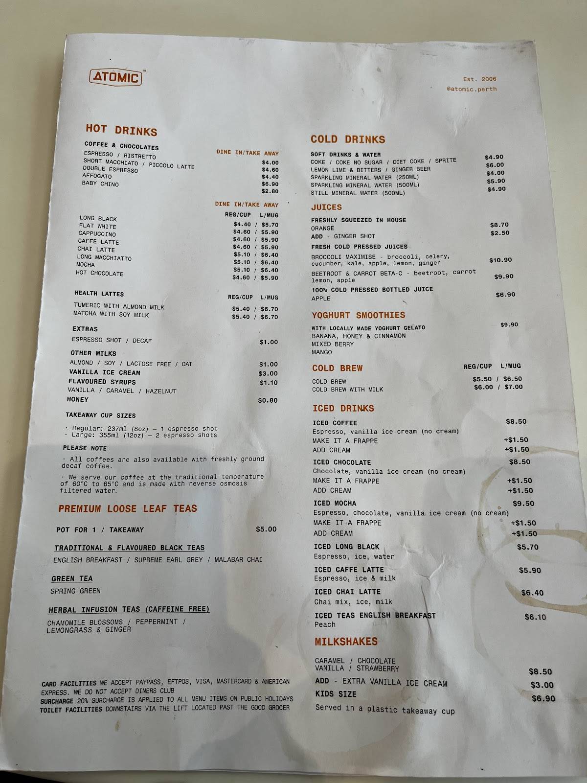 Menu at Atomic cafe, South Perth