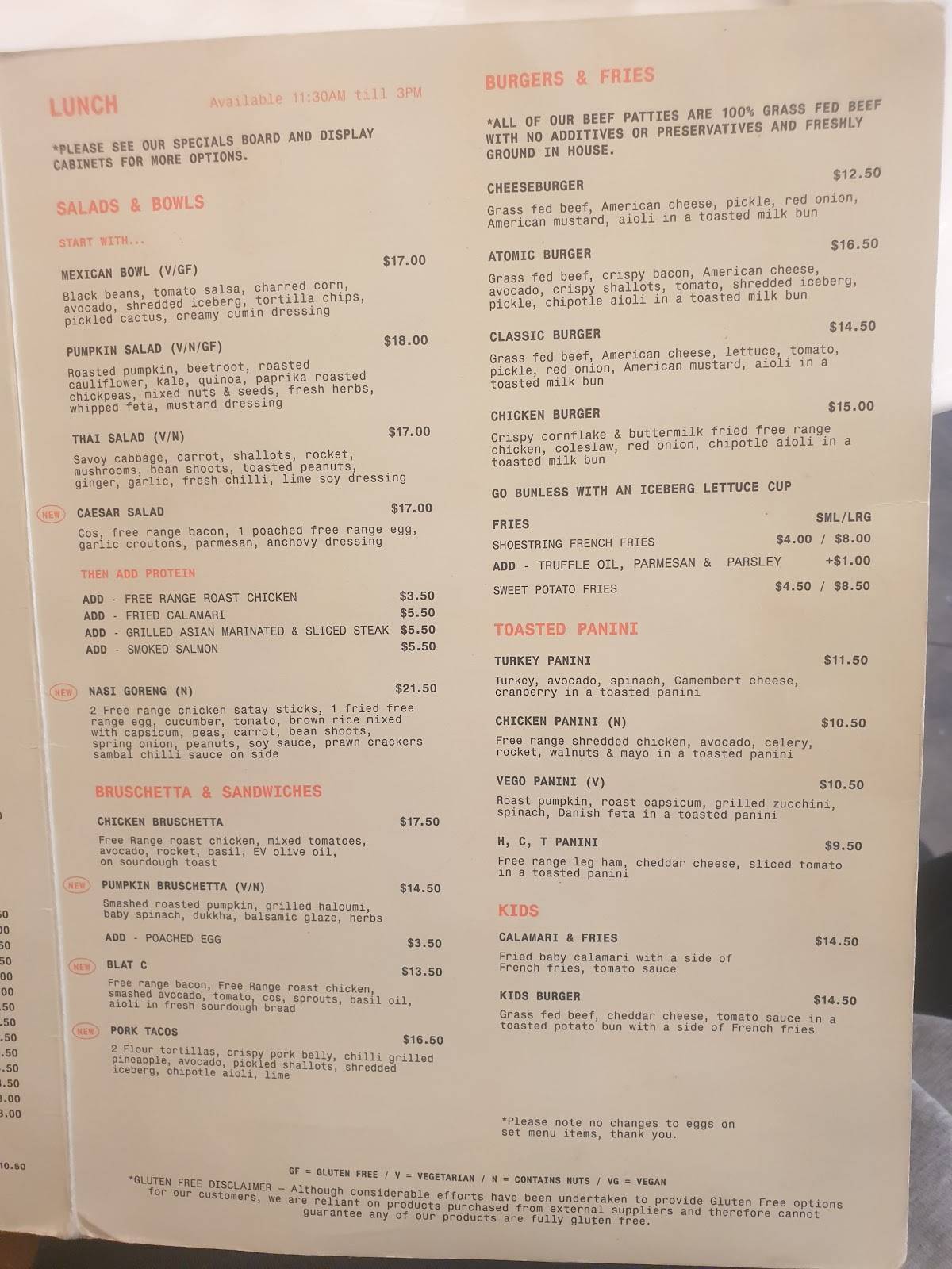 Menu at Atomic cafe, South Perth