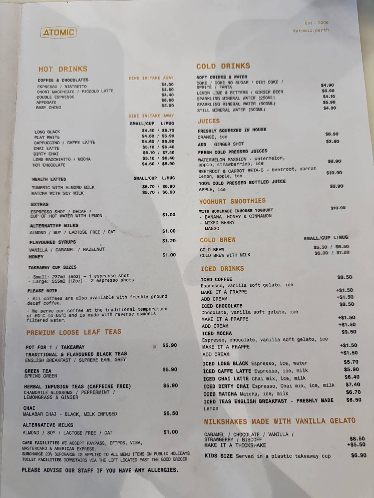 Menu at Atomic cafe, South Perth