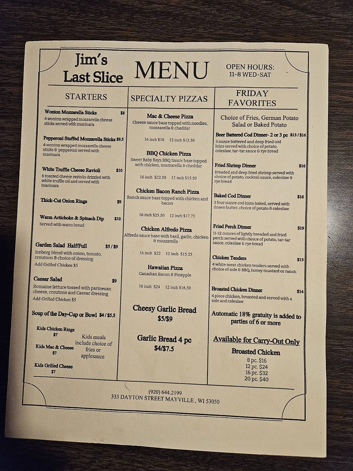 Menu at Atwell’s Pub, Mayville