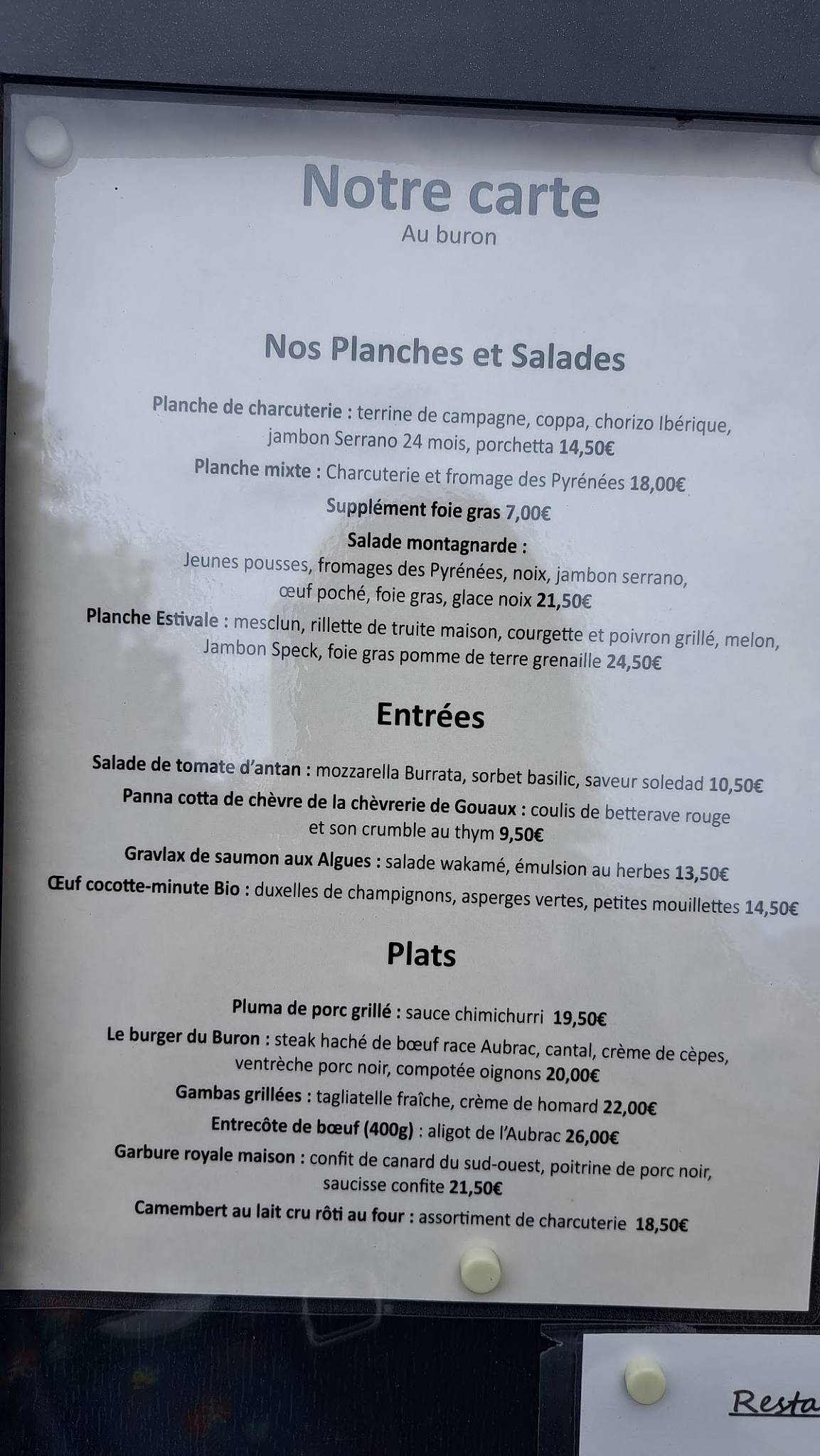 Menu au Au Buron restaurant, Loudenvielle