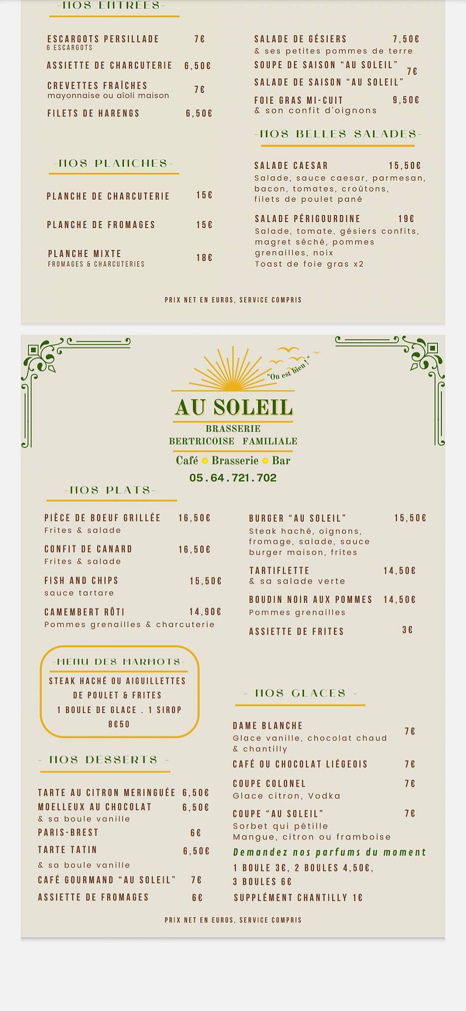 Menu au Au soleil restaurant, Bertric-Burée