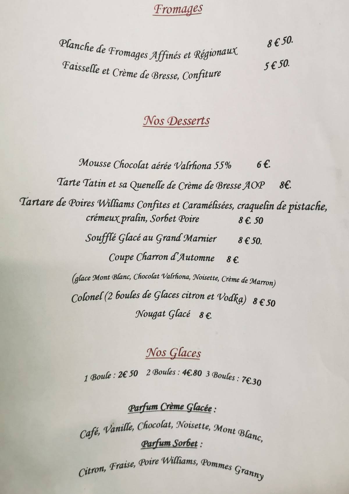 Menu au Auberge Du Charron restaurant, Montlebon