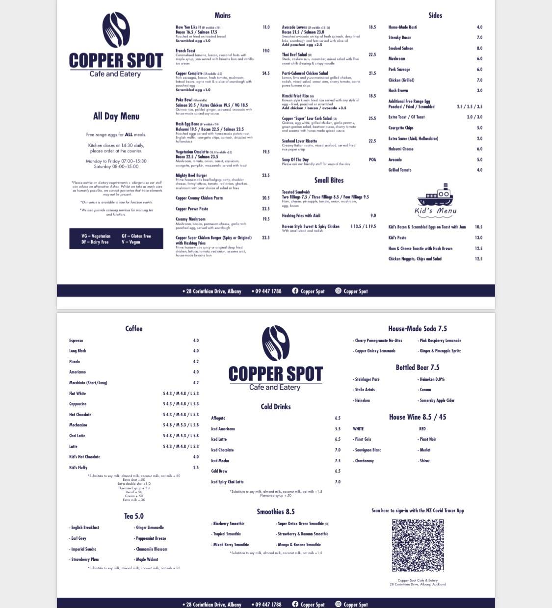 Menu at Copper Spot Cafe & Eatery, Auckland