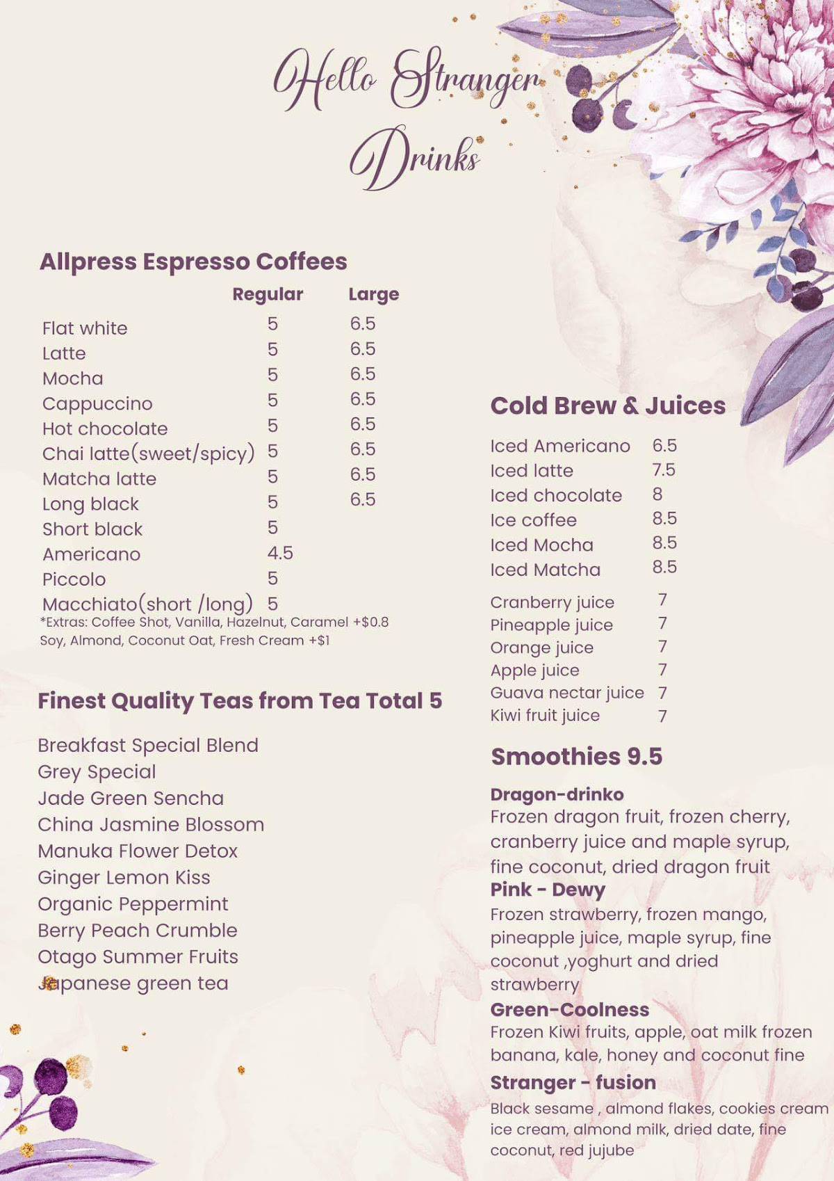 Menu at Hello Stranger cafe, Auckland